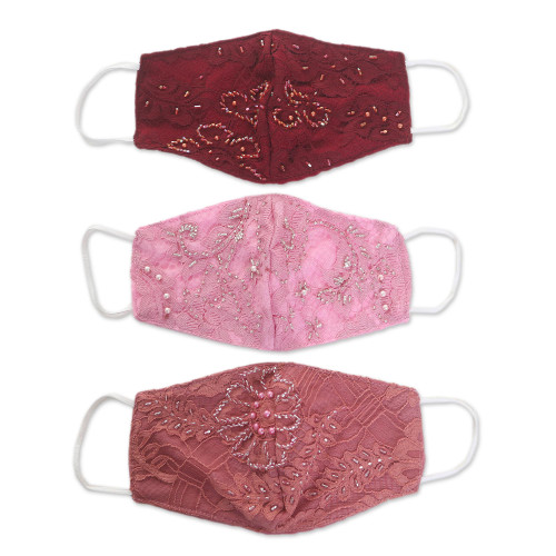 3 Beaded Lace Embroidered Contoured Face Masks 'Island Elegance ...
