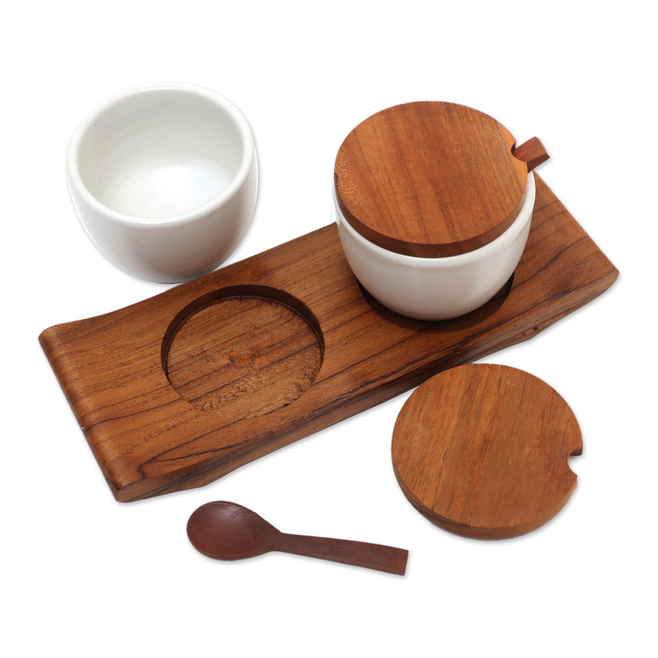 Hand Made Ceramic and Teak Wood Condiment Set 'Flavor Duo in White ...