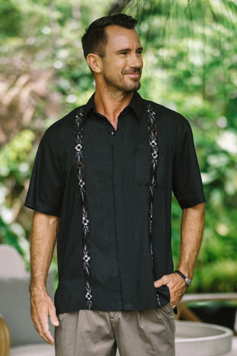 Men's Black Embroidered Cotton Shirt 'Black Borders' - International ...