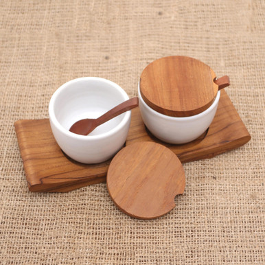 Hand Made Ceramic and Teak Wood Condiment Set 'Flavor Duo in White ...