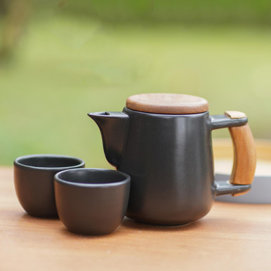 Black Ceramic and Teak Wood Tea Set Set for 2 'Midday Tea in Black ...