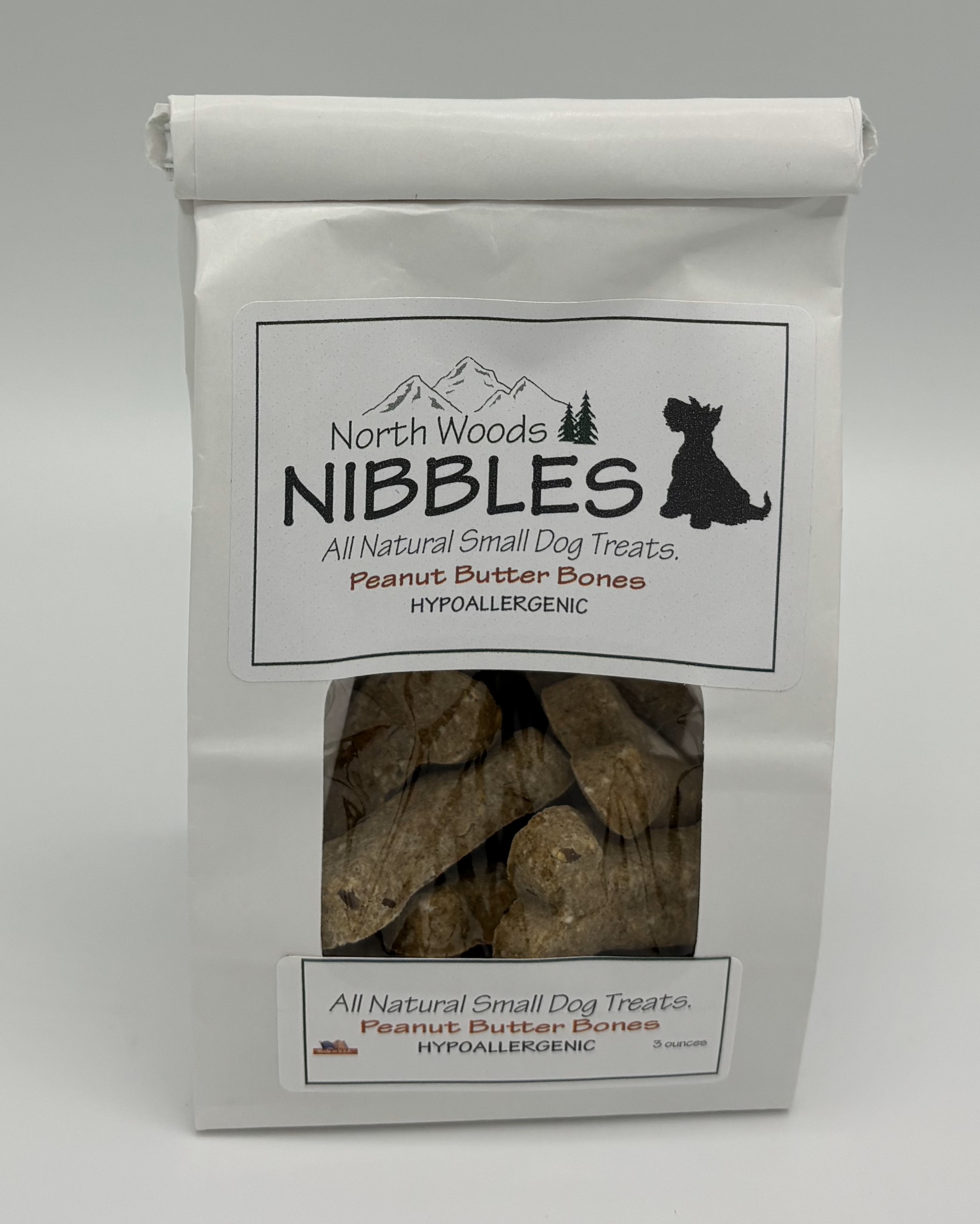 Nibbles 3 0z. Peanut Butter Bones Dog Treats - North Woods Animal Treats