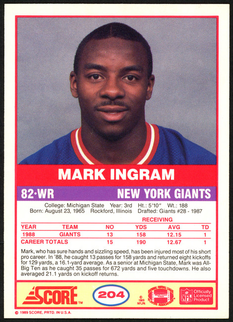 Mark Ingram Sr. Autographed 1989 Score Rookie Card #204 New York Giants ...