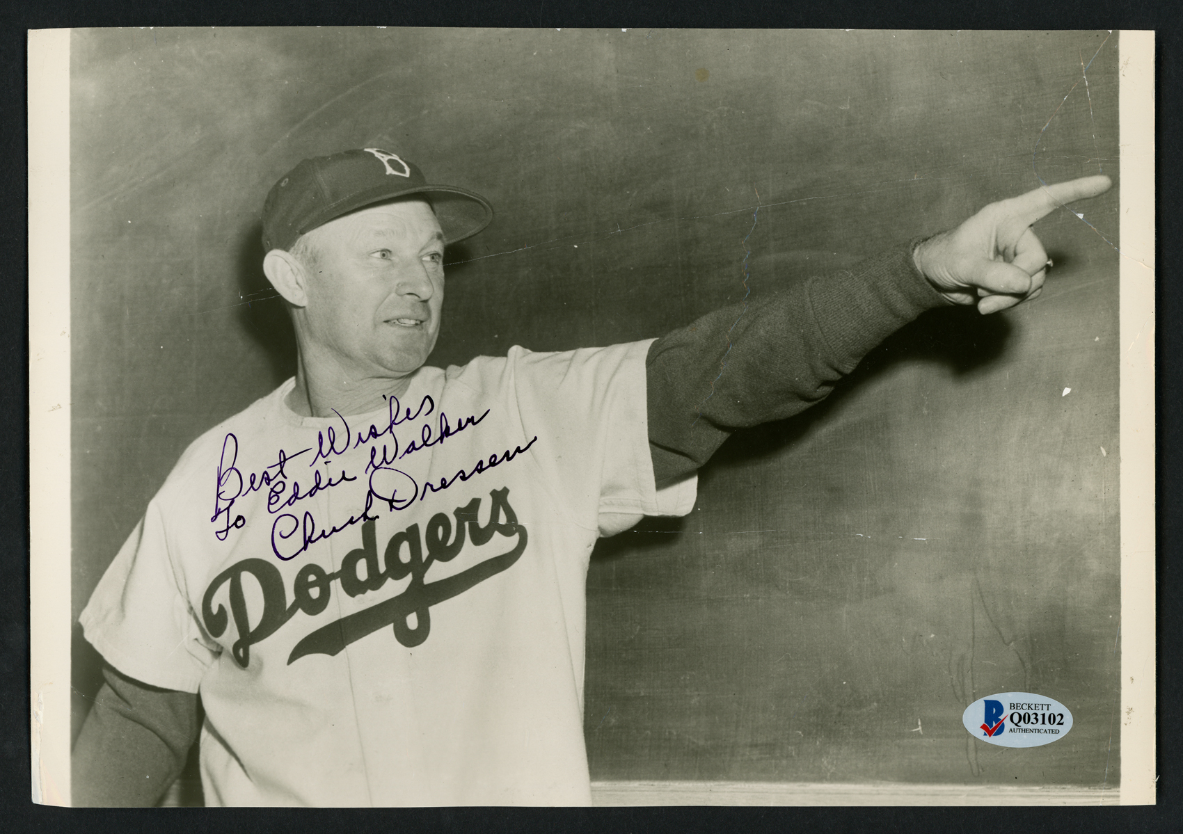 Chuck Dressen Autographed 7x10 Photo Brooklyn Dodgers "To Eddie Best ...