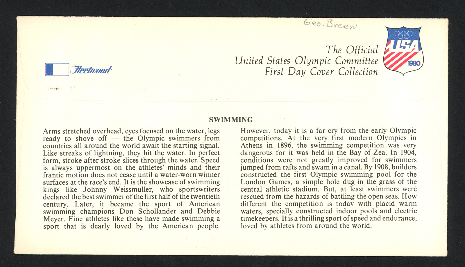George Breen Autographed First Day Cover Olympic Swimmer SKU #159608 ...