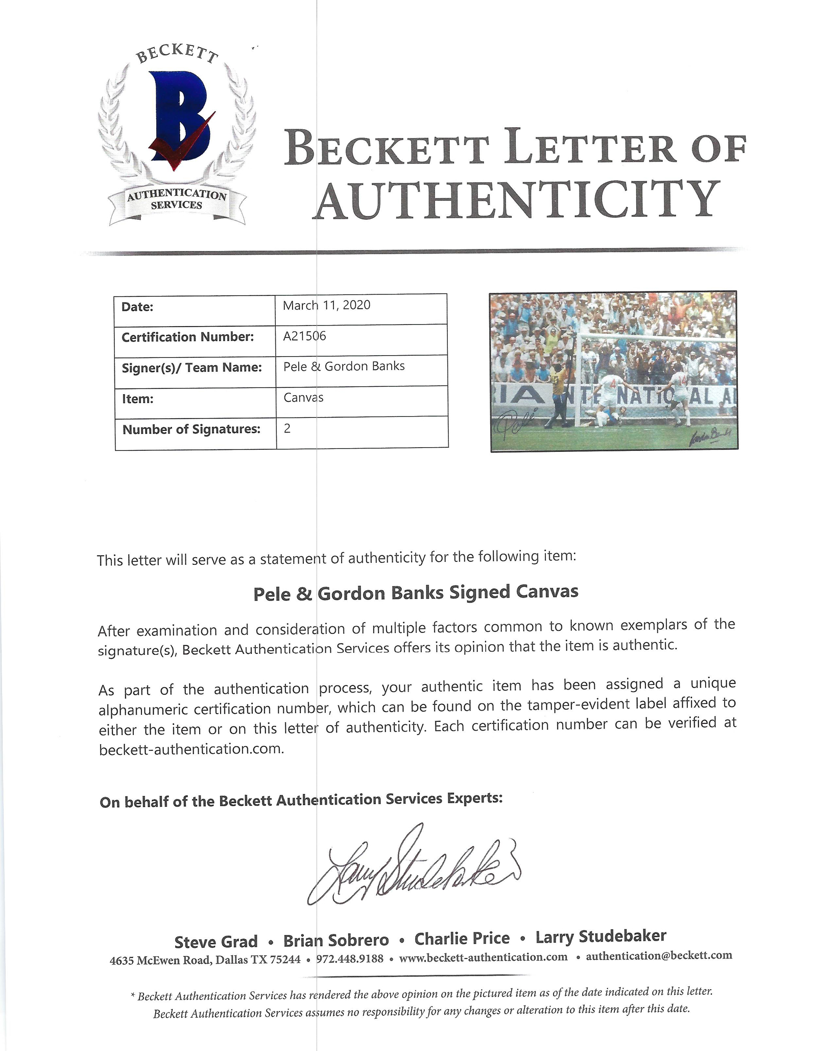 Pele & Gordon Banks Autographed Framed 20x30 Canvas Photo "The Greatest ...