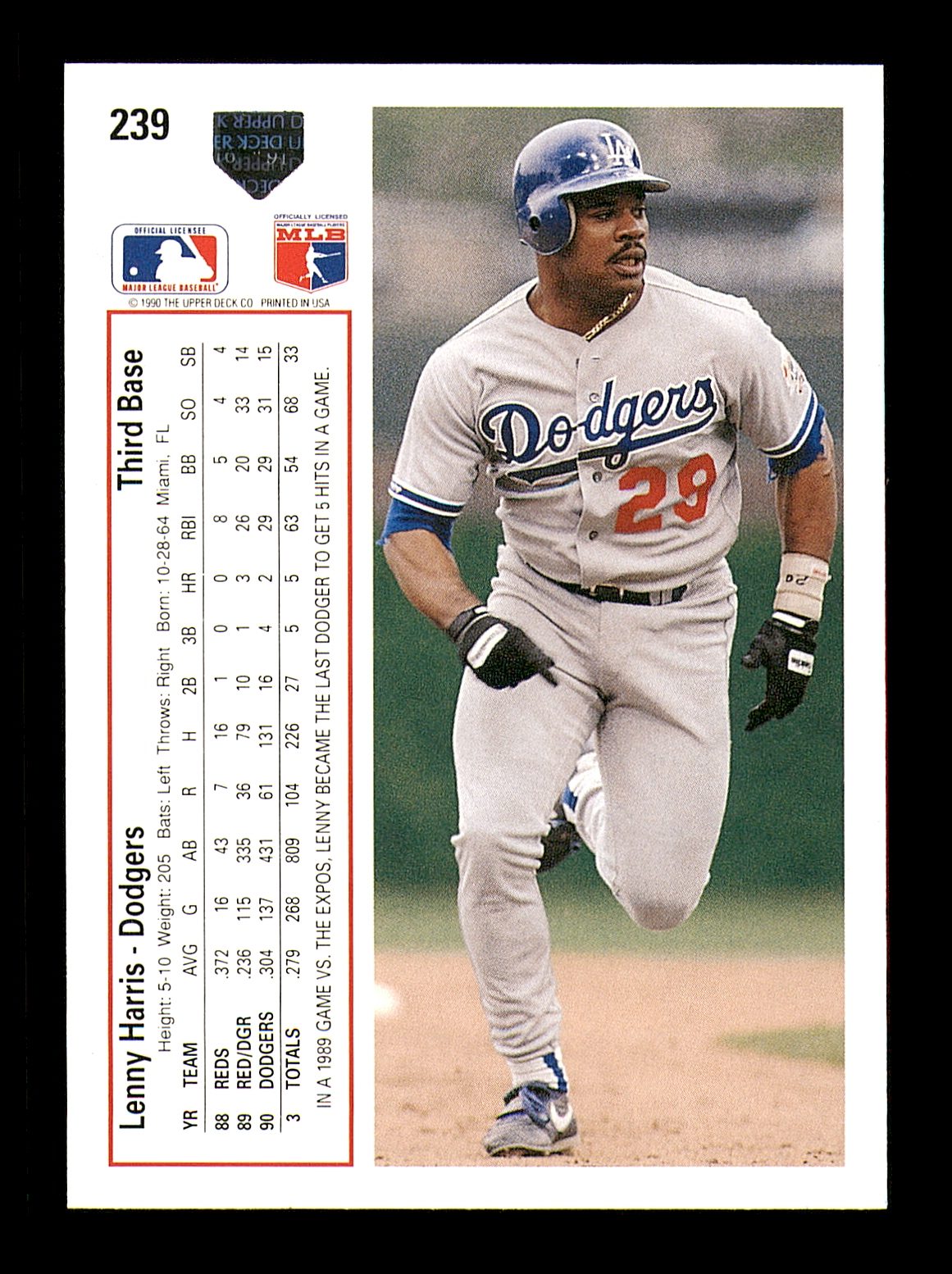 Lenny Harris Autographed 1991 Upper Deck Card #239 Los Angeles Dodgers ...