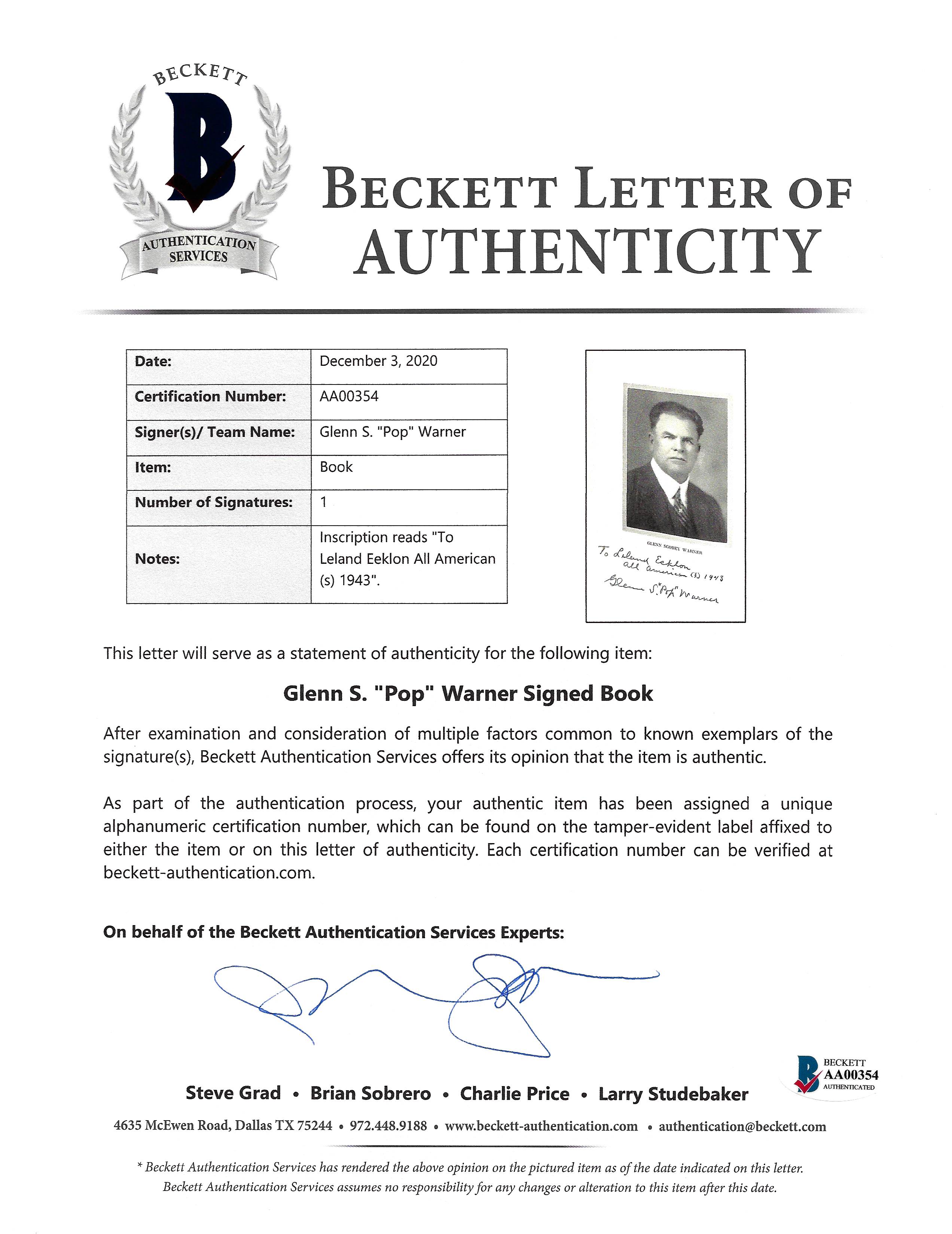 Glenn "Pop" Warner Autographed 1927 1st Edition Football for Coaches ...