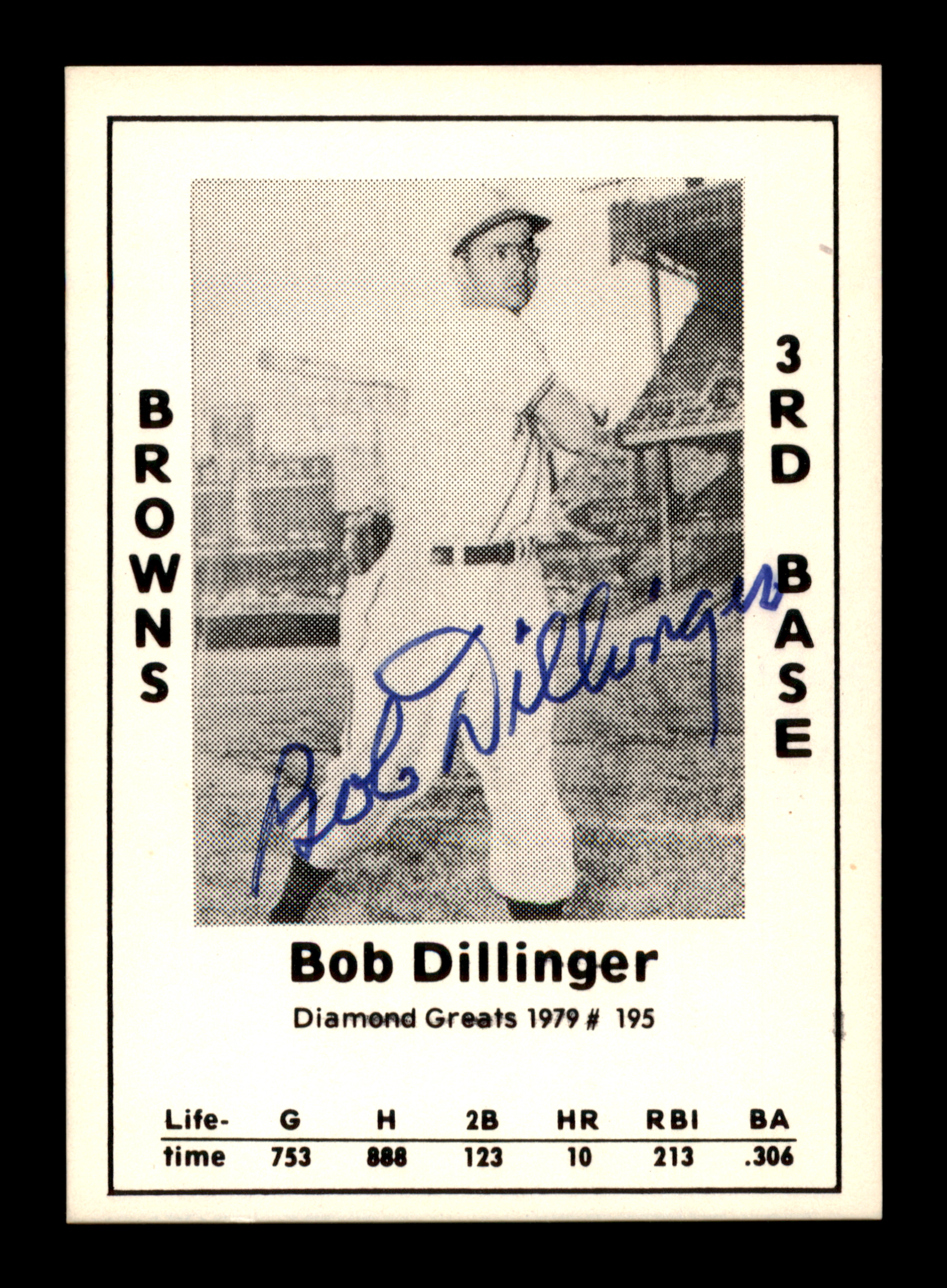 Bob Dillinger Autographed 1979 Diamond Greats Card #195 St. Louis ...