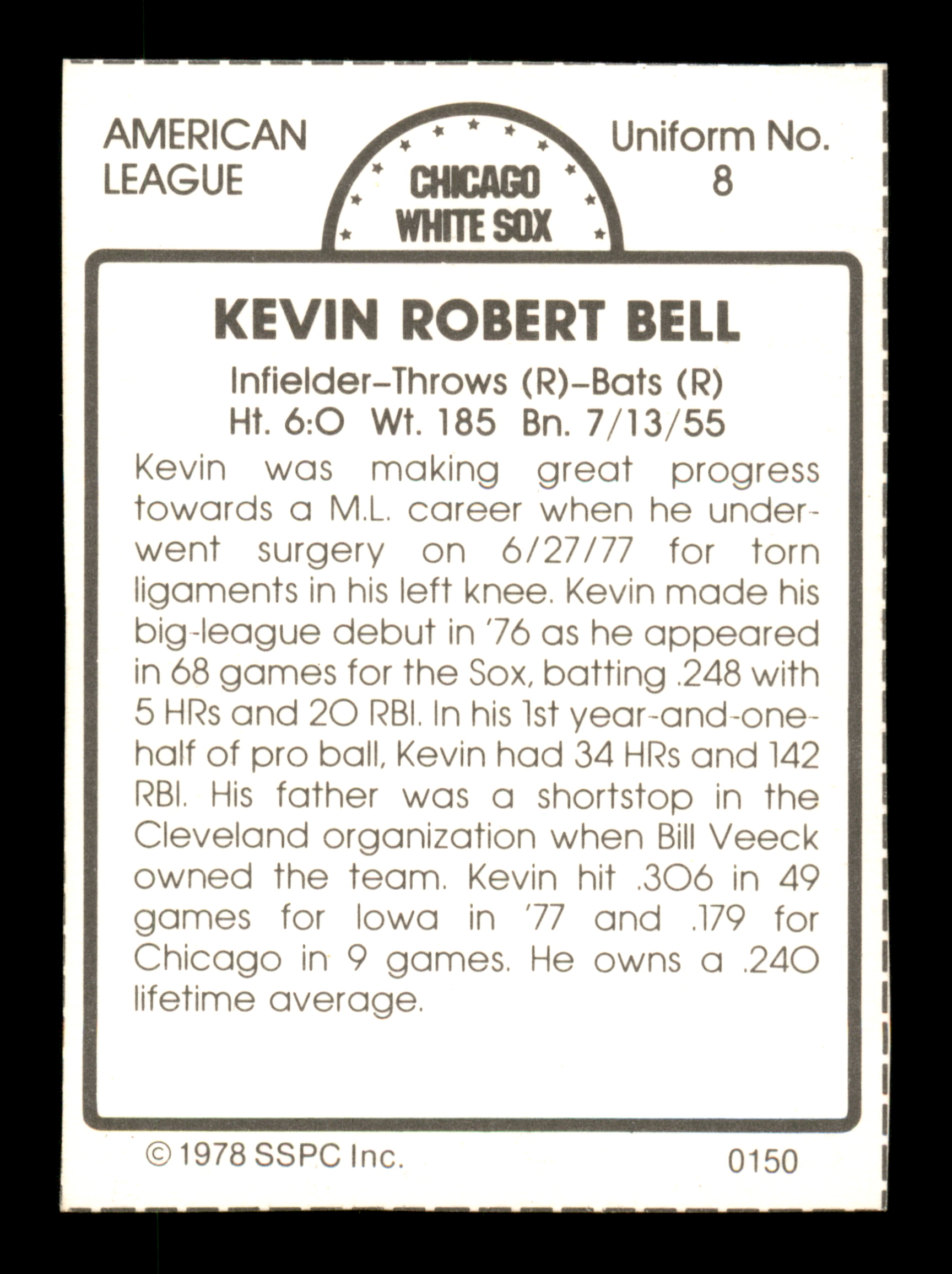Kevin Bell Autographed 1978 SSPC Card #150 Chicago White Sox SKU ...