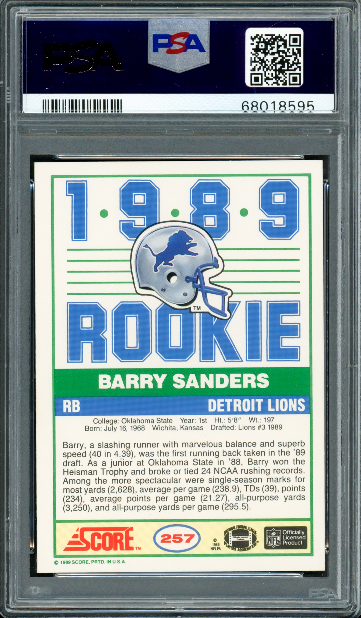 Barry Sanders Autographed 1989 Score Rookie Card #257 Detroit Lions PSA ...