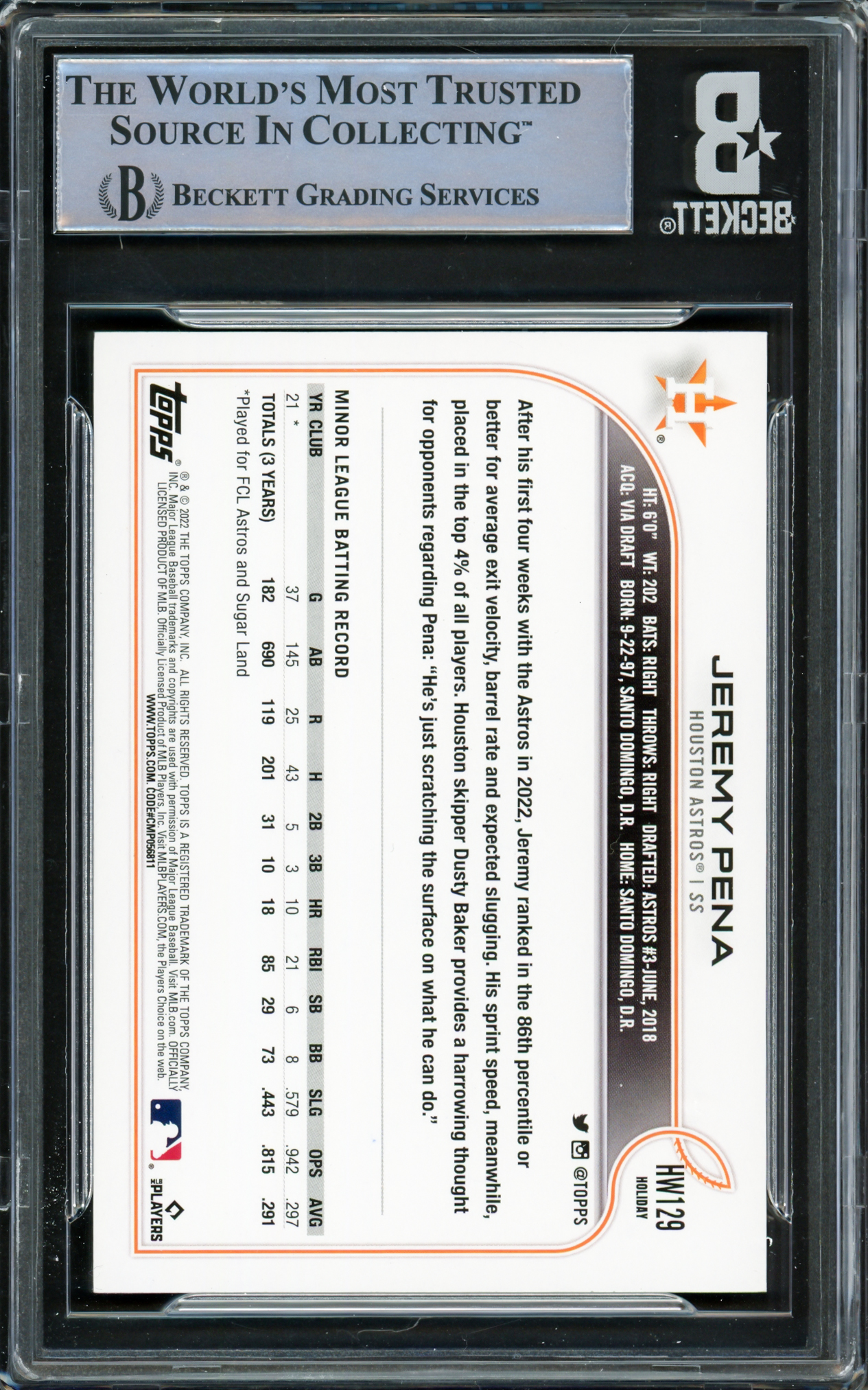 Jeremy Pena Autographed 2022 Topps Holiday Rookie Card #HW129 Houston ...