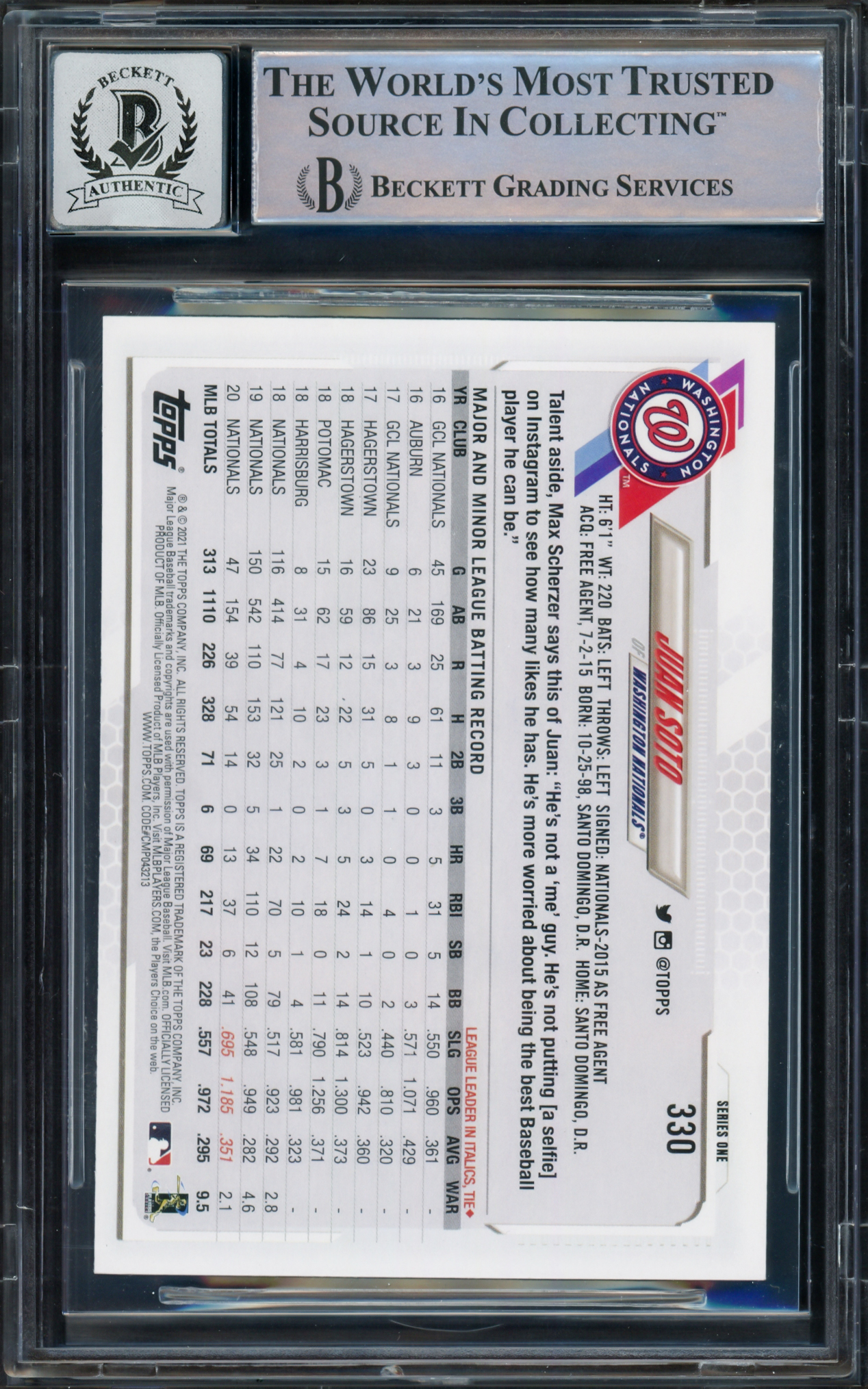 Juan Soto Autographed 2021 Topps Card #330 New York Yankees Auto Grade ...