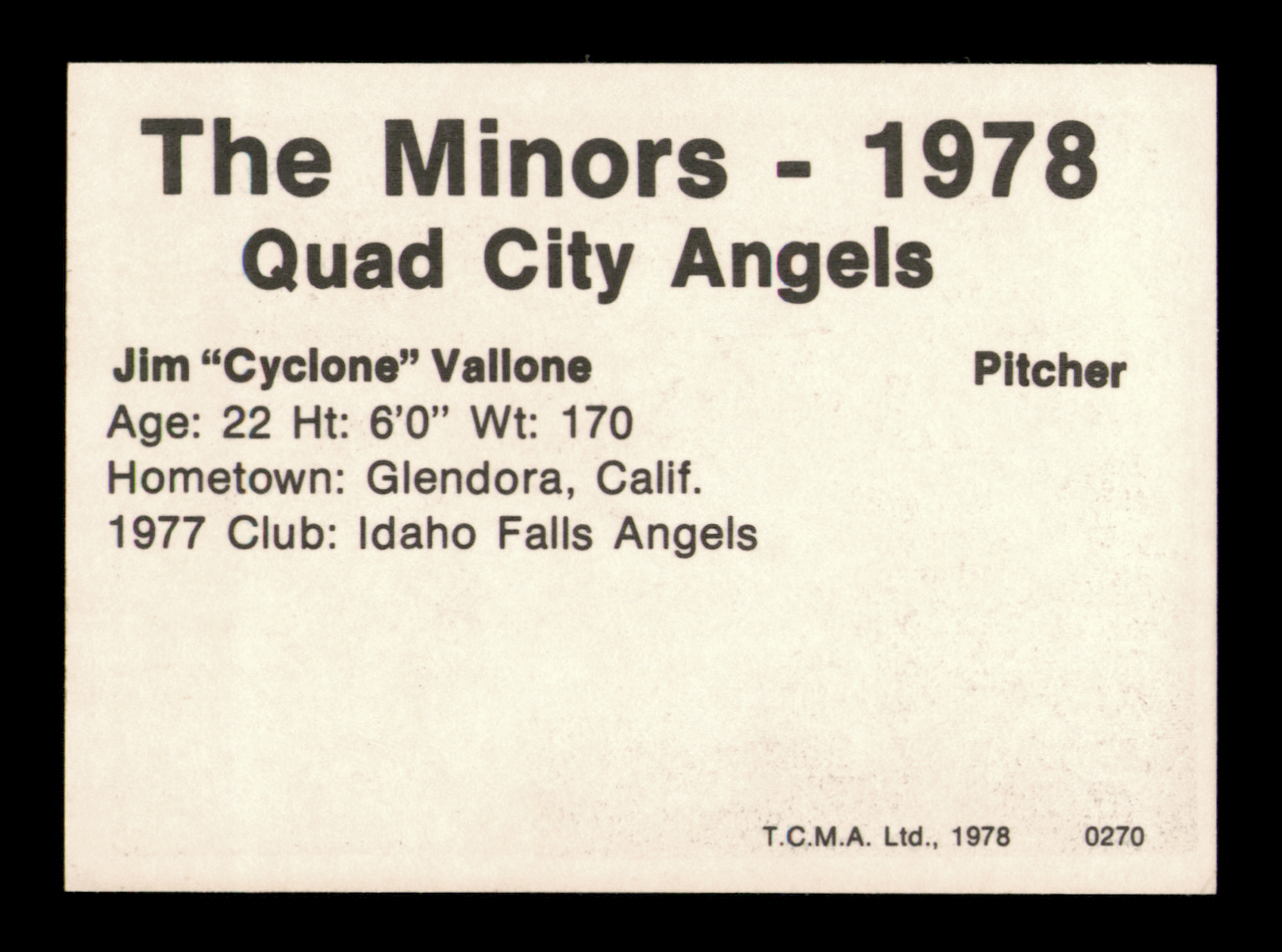 Jim "Cyclone" Vallone Autographed 1978 TCMA Rookie Card #270 Quad City ...