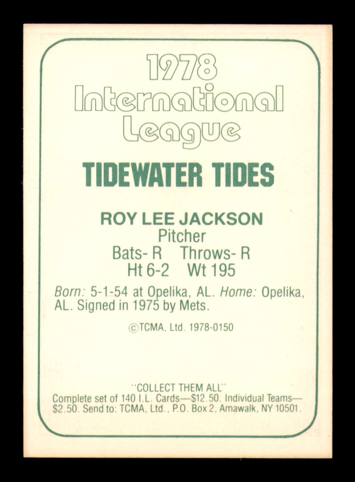 Roy Lee Jackson Autographed 1978 TCMA Rookie Card #150 Tidewater Tides ...