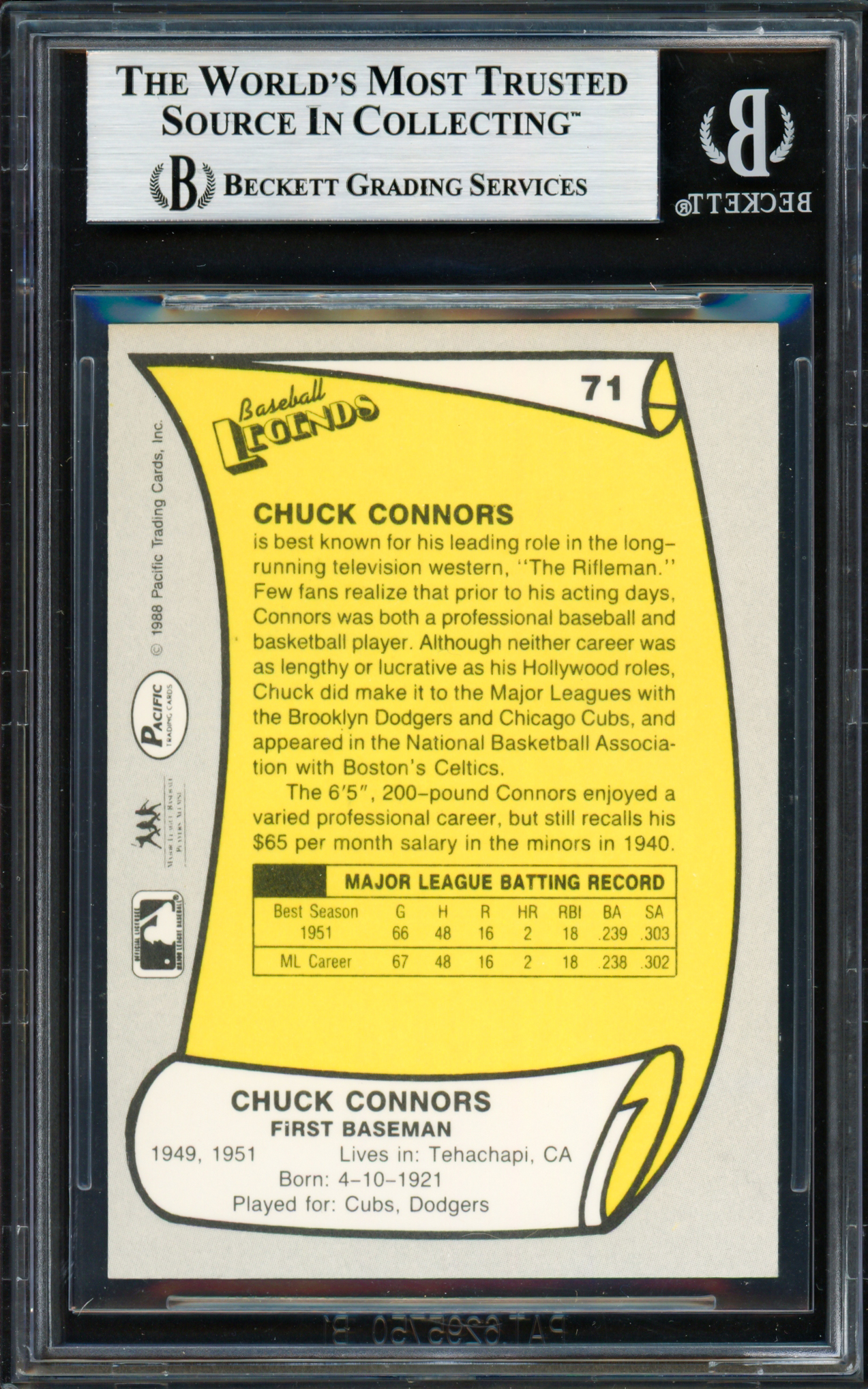 Chuck Connors Autographed 1988 Pacific Baseball Legends Card #71 ...