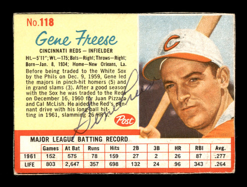 Gene Freese Autographed 1962 Post Cereal Card #118 Cincinnati Reds SKU ...