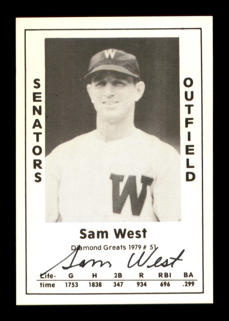 Sam West Autographed 1979 Diamond Greats Card #51 Washington Senators ...