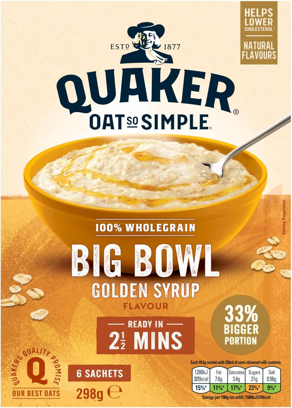 Quaker Oat So Simple Golden Syrup Big Bowl Pack of 6 x 49g