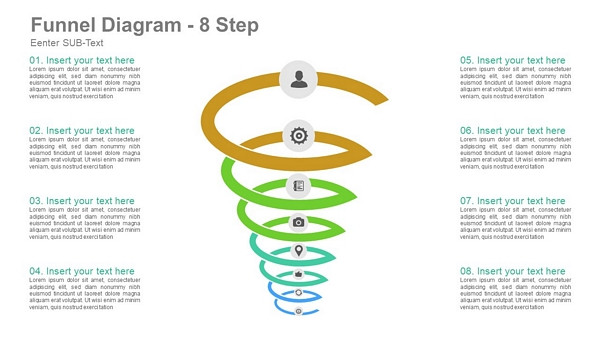 Funnel Diagram - 8 Steps - Pipe spiralling up with Icons