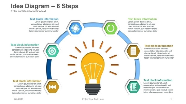 Idea Diagram- Bulb - Icons on arc - 6 Steps