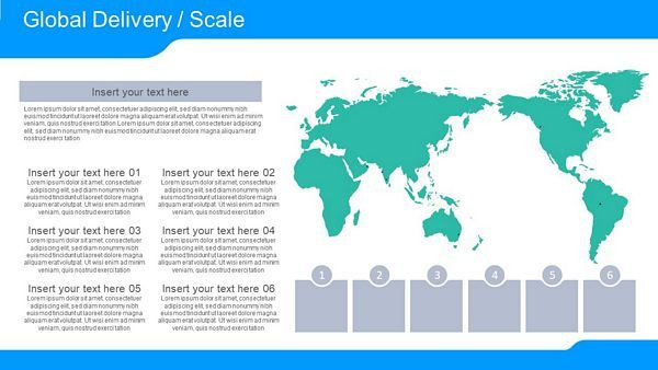 Global Delivery Scale heading 8 sub-sections Map on one side