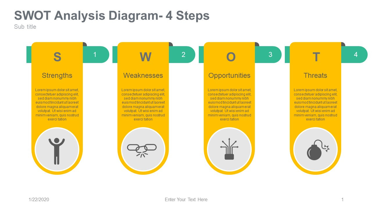SWOT Analysis Diagram-4 Steps numbered words and icons
