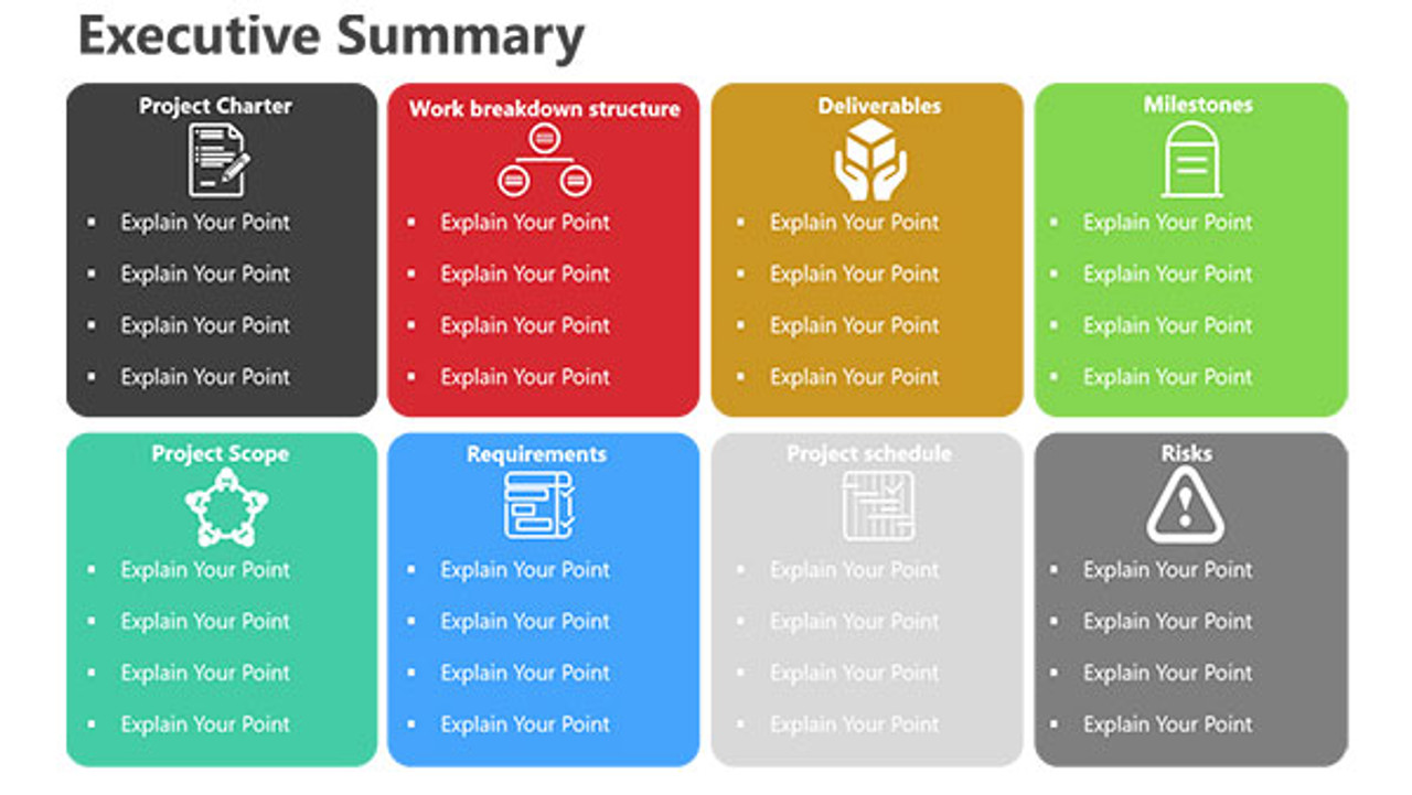 Executive Summary 8 Rounded Edge Rectangles Icons Text Inside