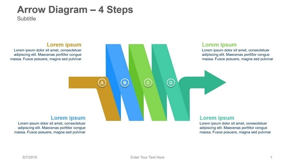 Arrow Diagram-4 Steps Ribbon bent with alphabets left to right
