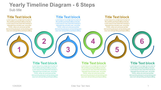 Yearly Timeline Diagram - Horizontal Drop Chain - 6 Steps