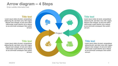 Arrow Diagram-4 Steps Circles on 4 sides of square icon in center