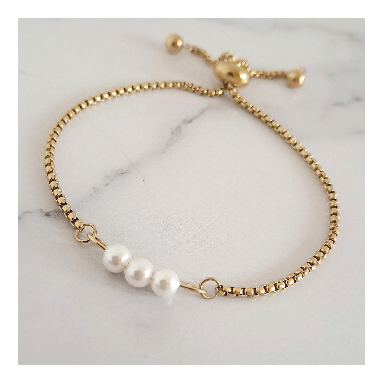 Minimal Pearl Adjustable Slider Bracelet - Gold on Steel - Shendell's ...