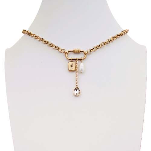 Pearl, Floral Ingot & Crystal Carabiner Necklace