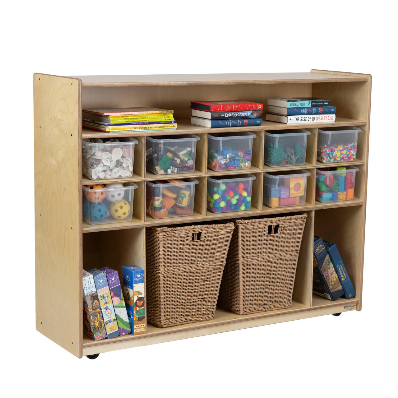 Multi-Use Storage Unit With Medium Baskets and Translucent Cubby Trays
