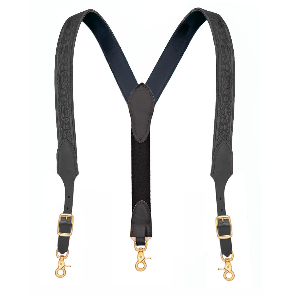 Hand Tooled Acorn Pattern Leather Suspenders With Trigger Snaps - BLACK
