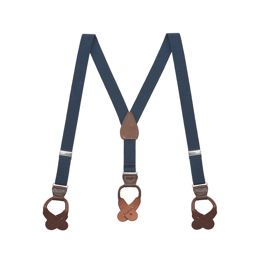 Navy Blue Suspenders- 1 Inch Wide Button (Brown Leather) | SuspenderStore