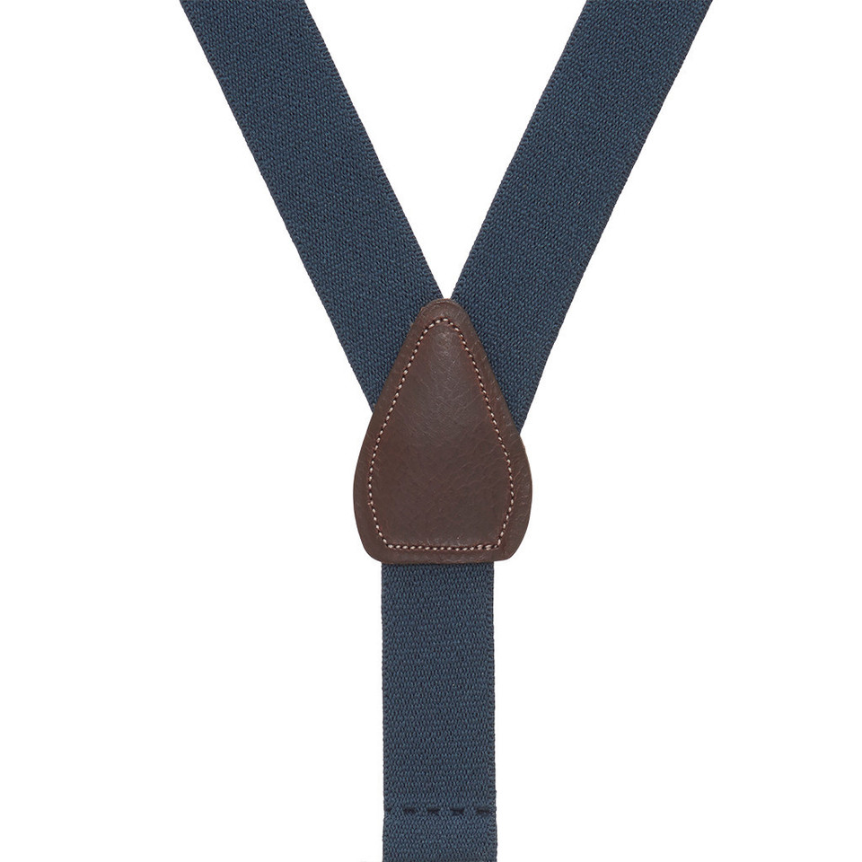 Navy Blue Suspenders- 1 Inch Wide Button (Brown Leather) | SuspenderStore