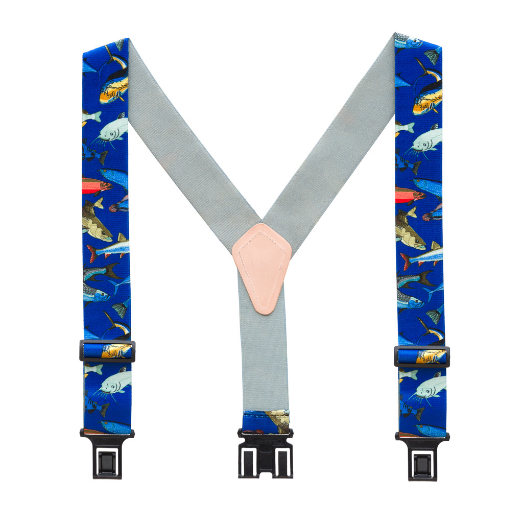 Mixed Fish on Blue Belt Clip Suspenders | SuspenderStore