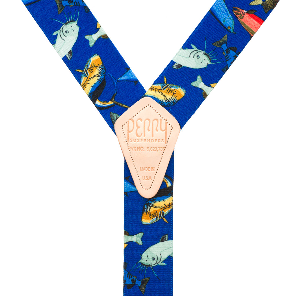 Mixed Fish on Blue Belt Clip Suspenders | SuspenderStore