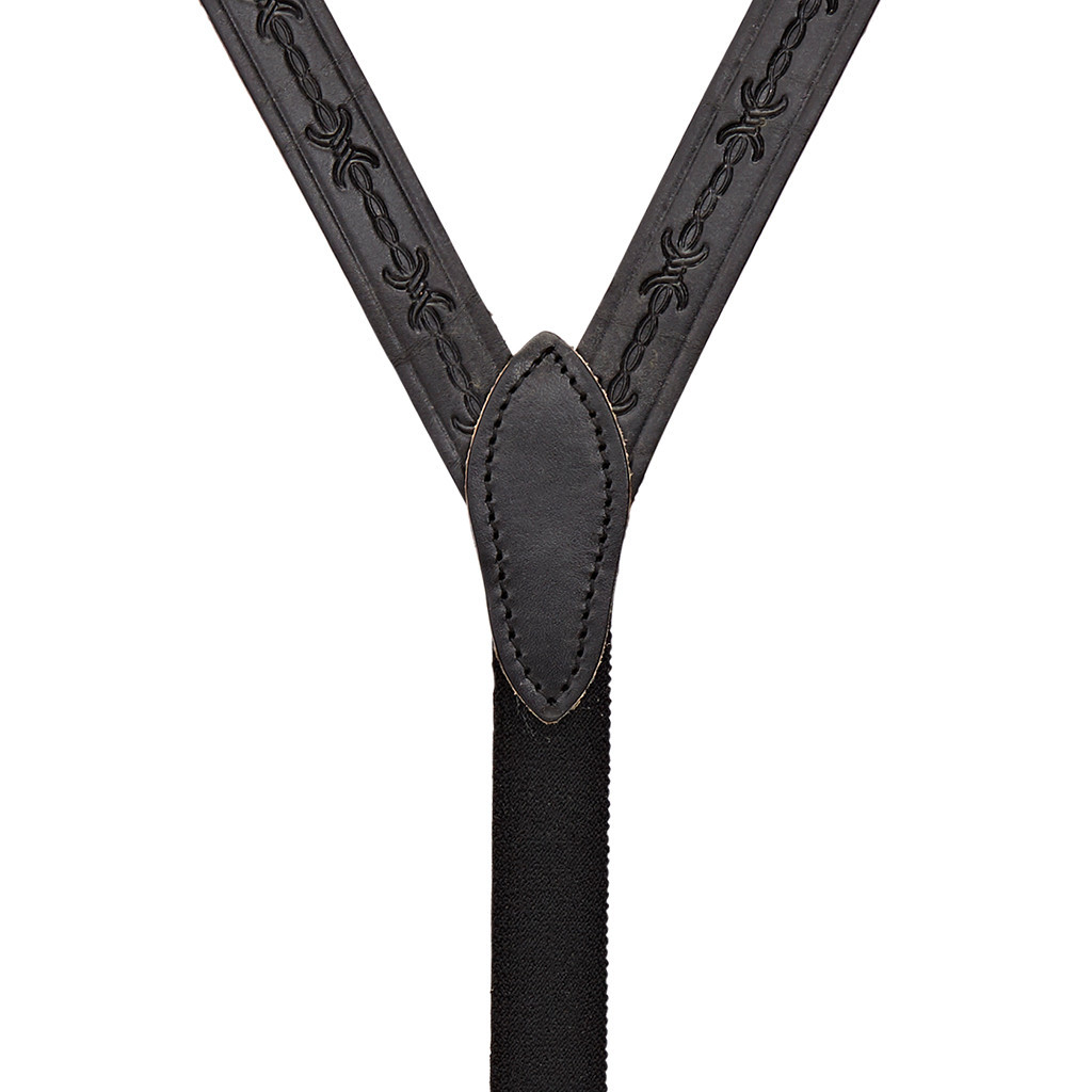 Barbed Wire Western Leather Suspenders - Black 1 Inch Wide | SuspenderStore