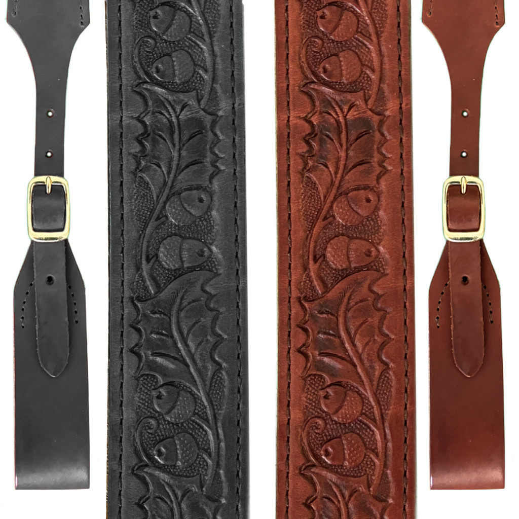 Hand Tooled Acorn Pattern Leather Suspenders With Belt Loop Attachments