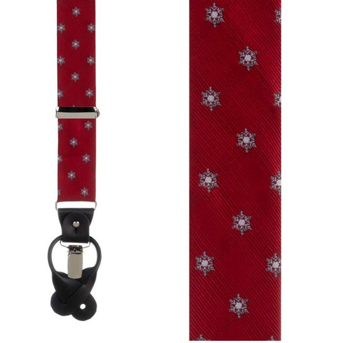 Red Snowflake Christmas-Themed Suspenders, Convertible Clip/Button