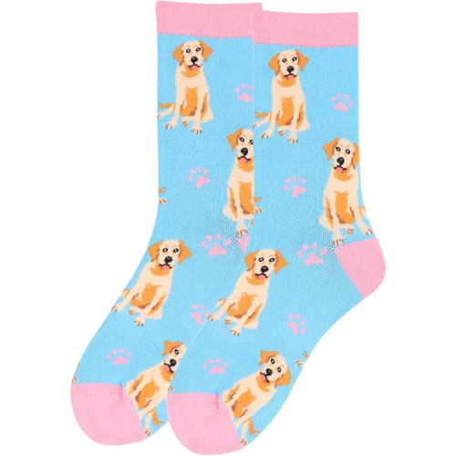 Women’s Light Blue Crew Socks with Cute Retriever Dogs and Paw Print ...