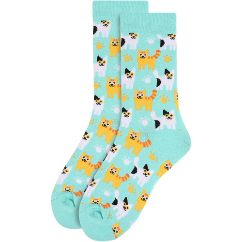 Mint Green Women's Crew Socks with Adorable Smiley Kittens and Paw ...