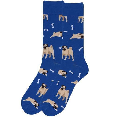 Men's Whimsical Blue Socks with Pug Dogs and Bones - Suspender Store