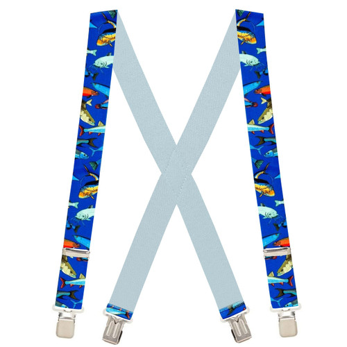 Fish On Blue X-Back Suspenders - 1 1/2" Width, 48" Length - Suspender Store