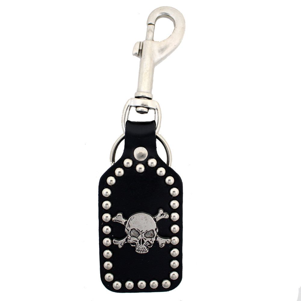Studded Black Leather Keychain w/ Metal Skull & Crossbones - Purple ...