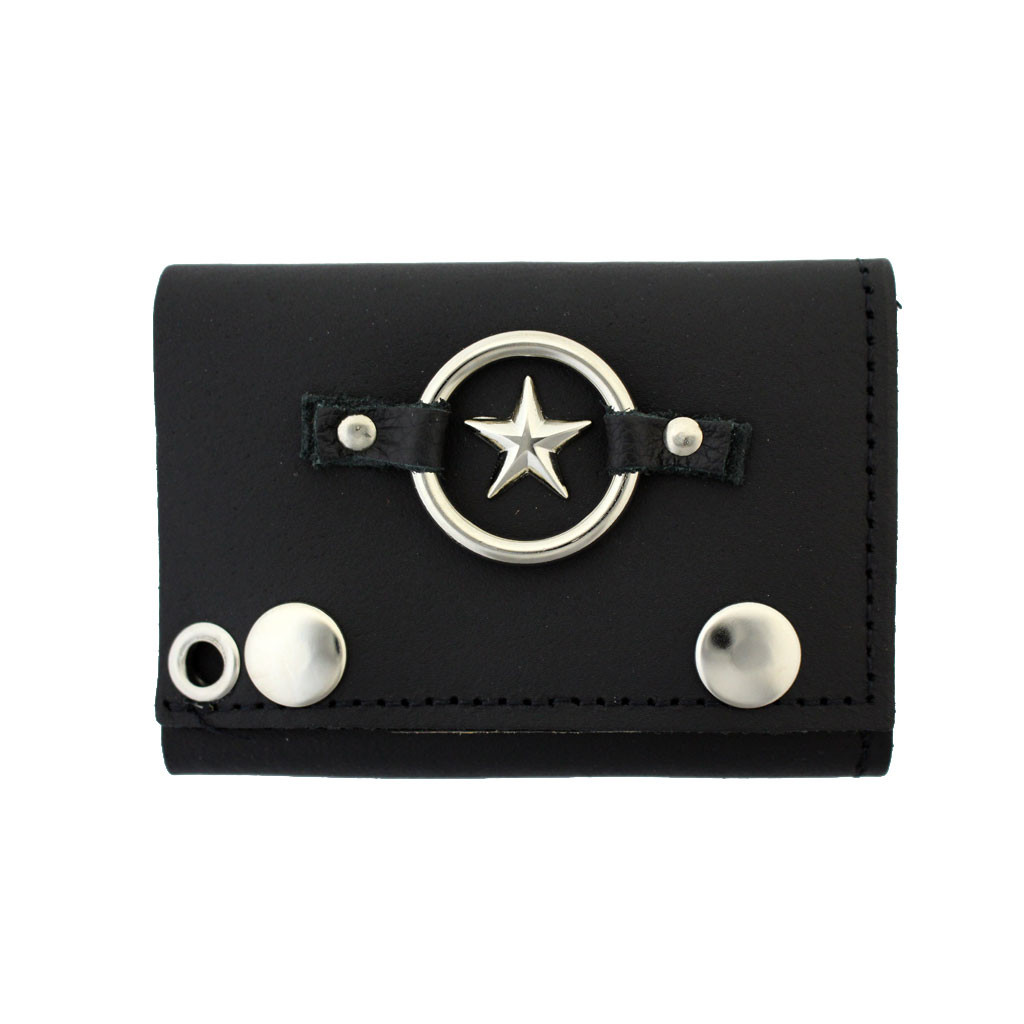 Black Trifold Wallet with Round Rivets and chain.