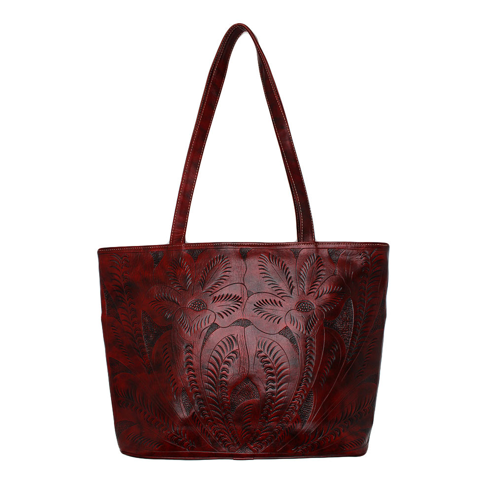 OXBLOOD RED FLORAL DESIGN LEATHER TOTE PURSE | PURPLE LEOPARD BOUTIQUE