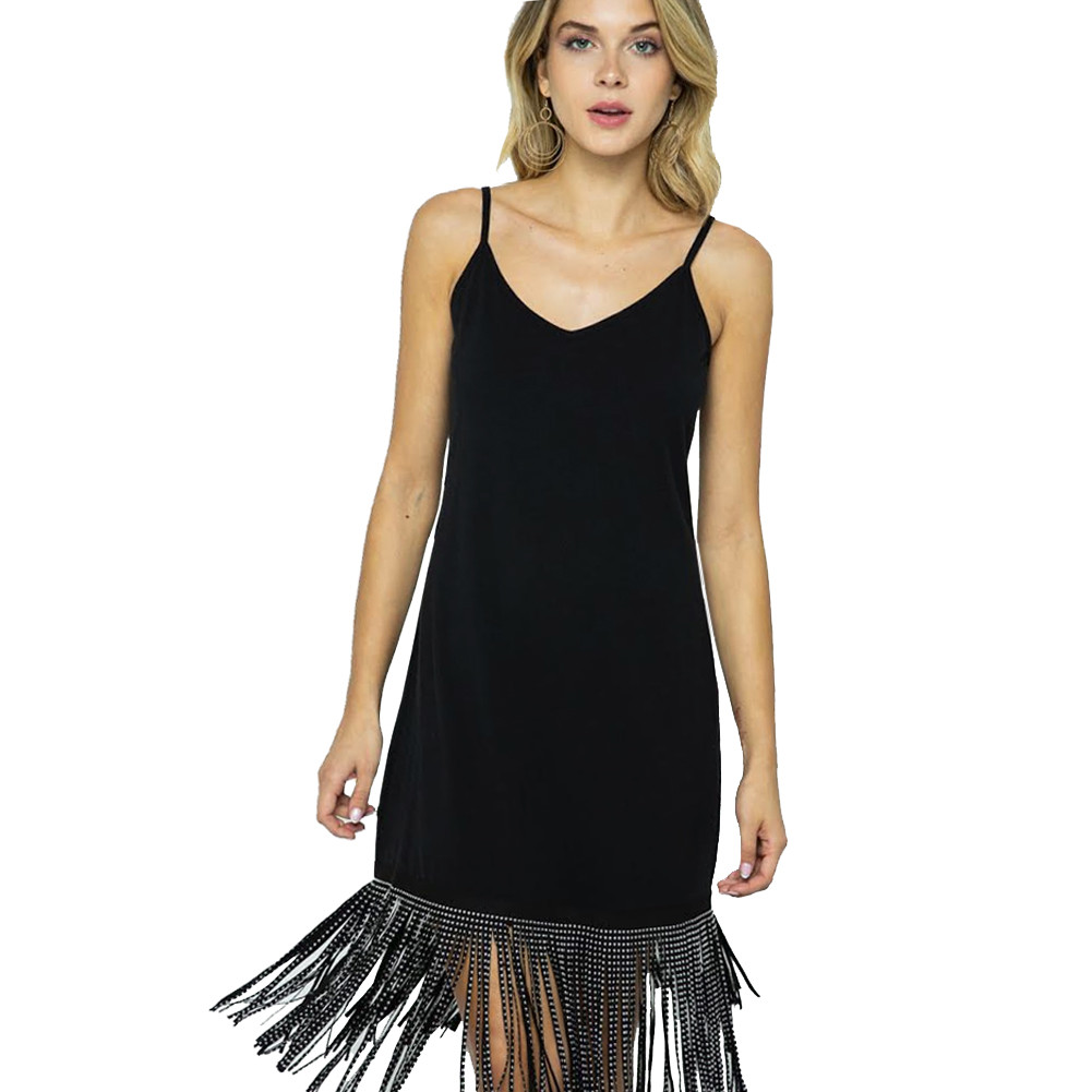 VOCAL APPAREL FRINGE BLACK DRESS | PURPLE LEOPARD BOUTIQUE